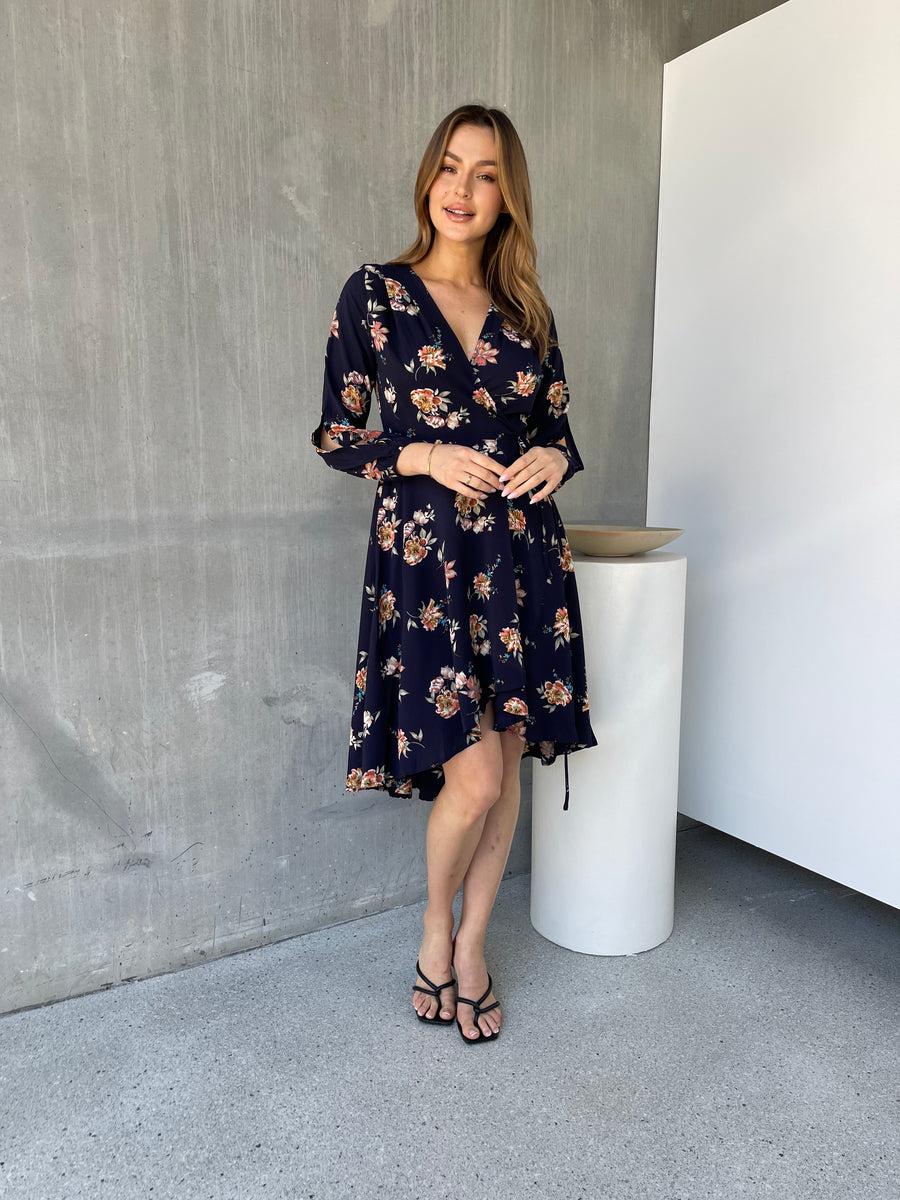 Tink Cross Over Long Sleeve Navy Print Dress