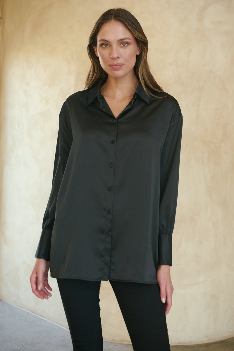 Kristy Satin Oversized Black Button Up Shirt