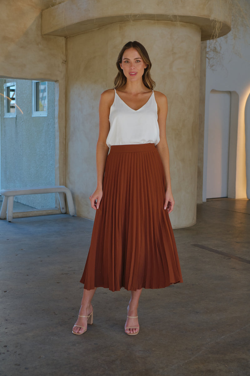 Demi Pleated Rust Midi Skirt