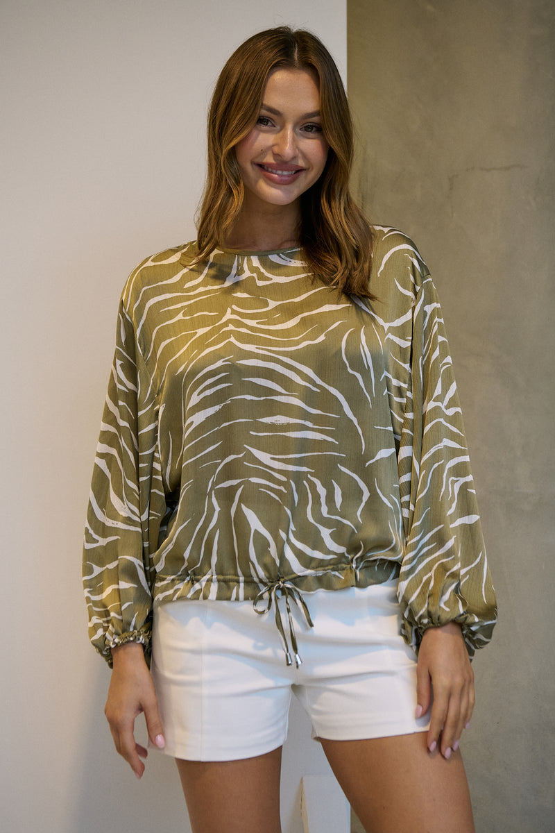 Riva Taupe/White Print Long Sleeve Drawstring Top