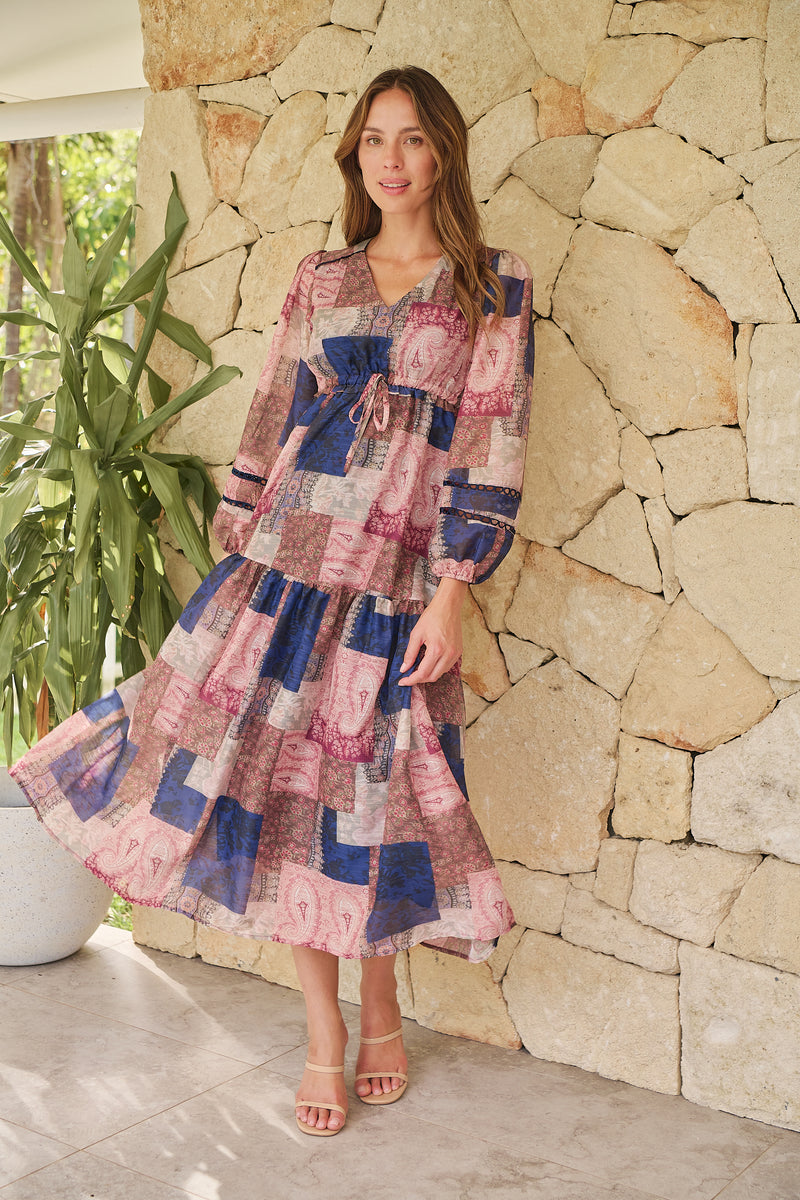 Kenji Navy/Wine Bandana Paisley Print Long Sleeve Dress