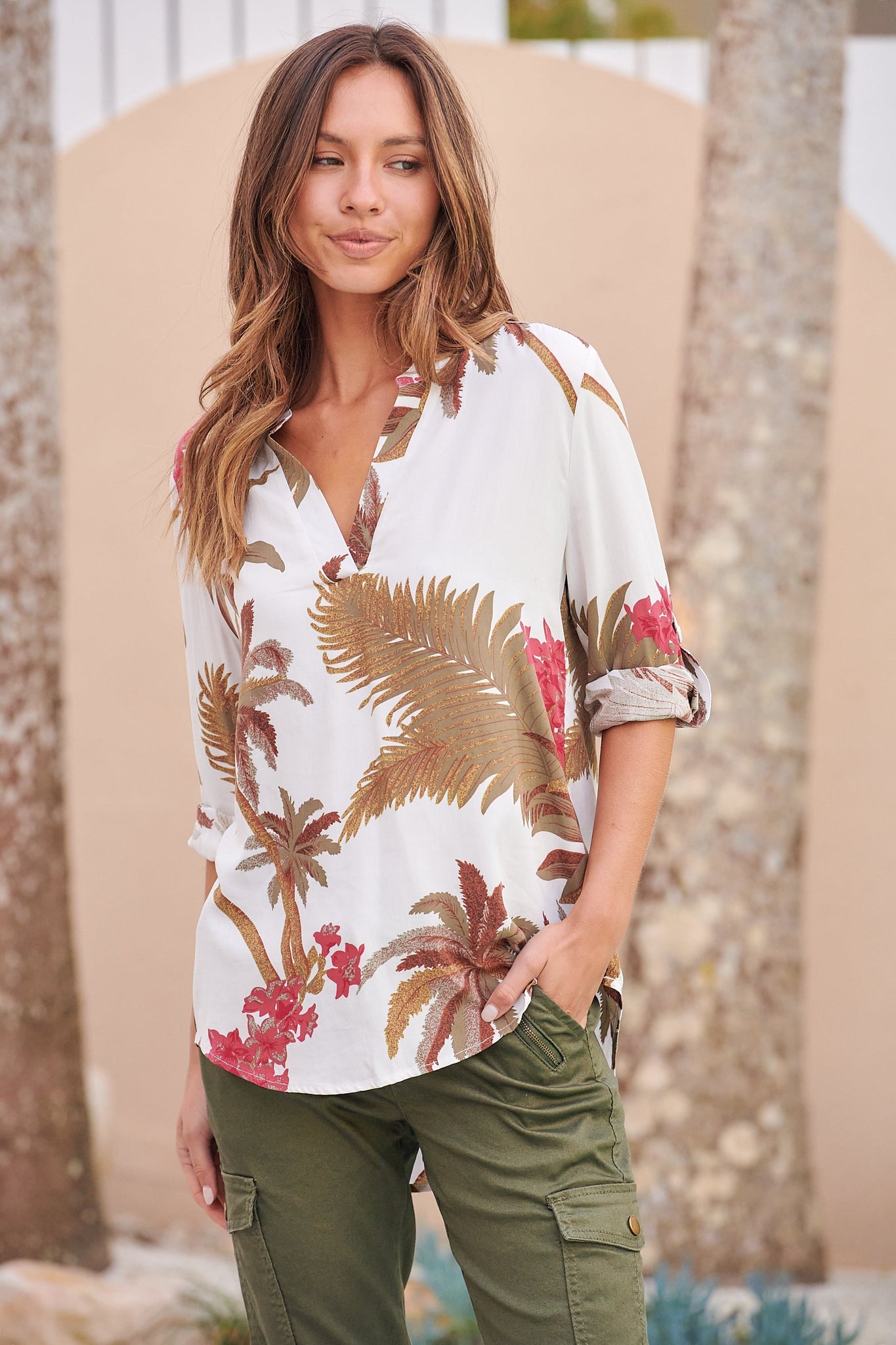 Senna Brown/Red Print White V Neck Roll Up Shirt